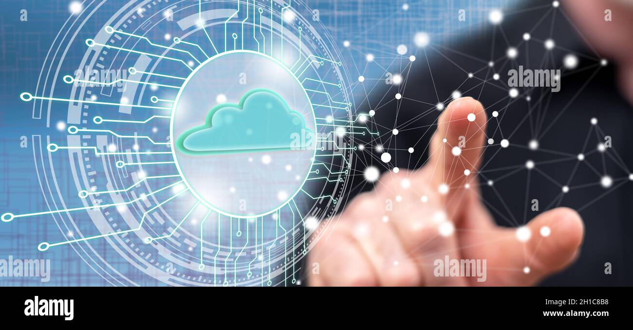 Man touching a cloud computing system concept on a touch screen with ...
