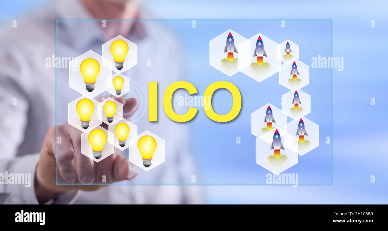 Man touching an ico concept on a touch screen with his finger Stock ...