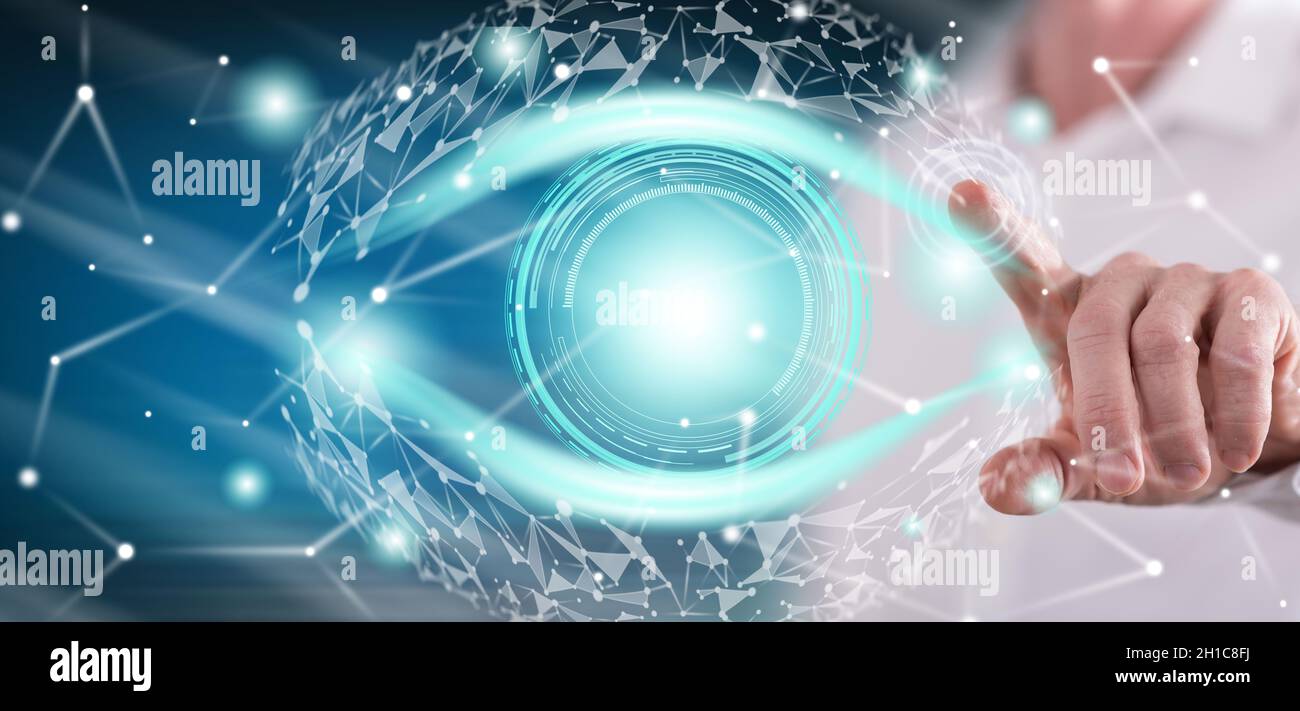 Man touching a digital eye concept on a touch screen with his finger ...