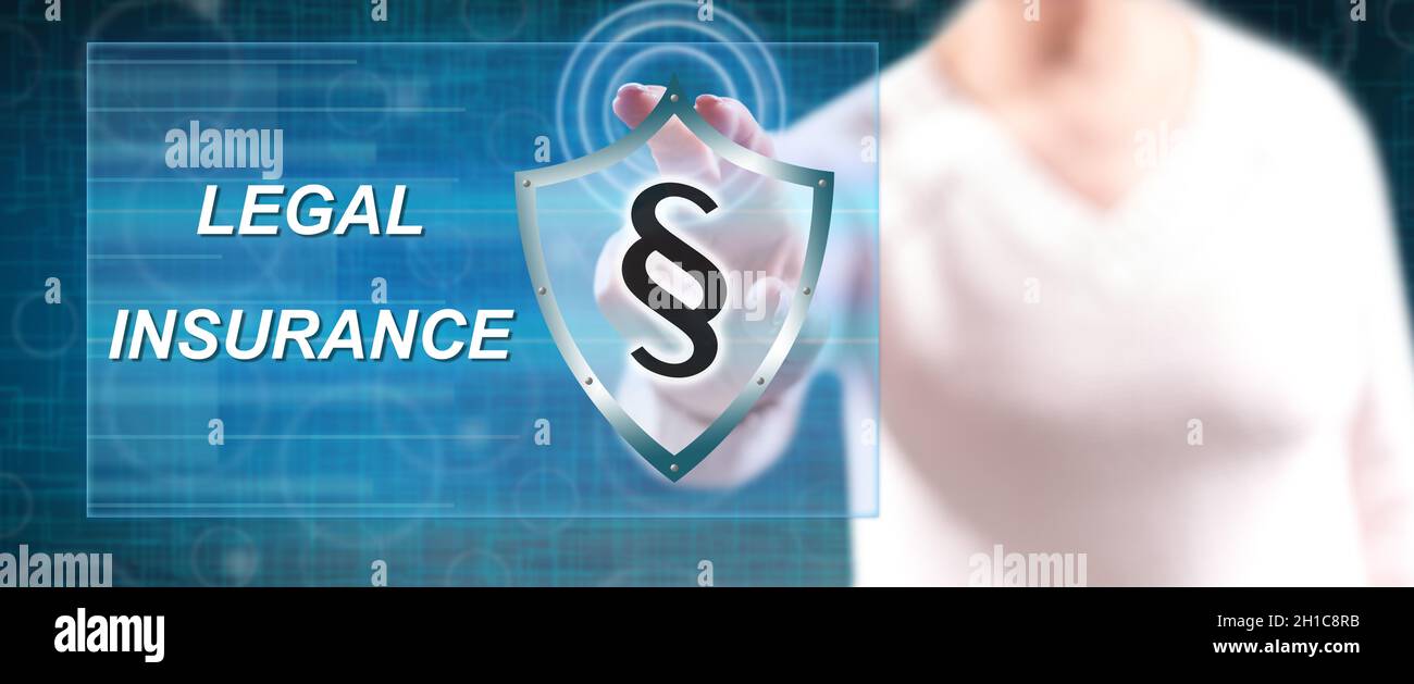 Woman touching a legal insurance concept on a touch screen with her ...