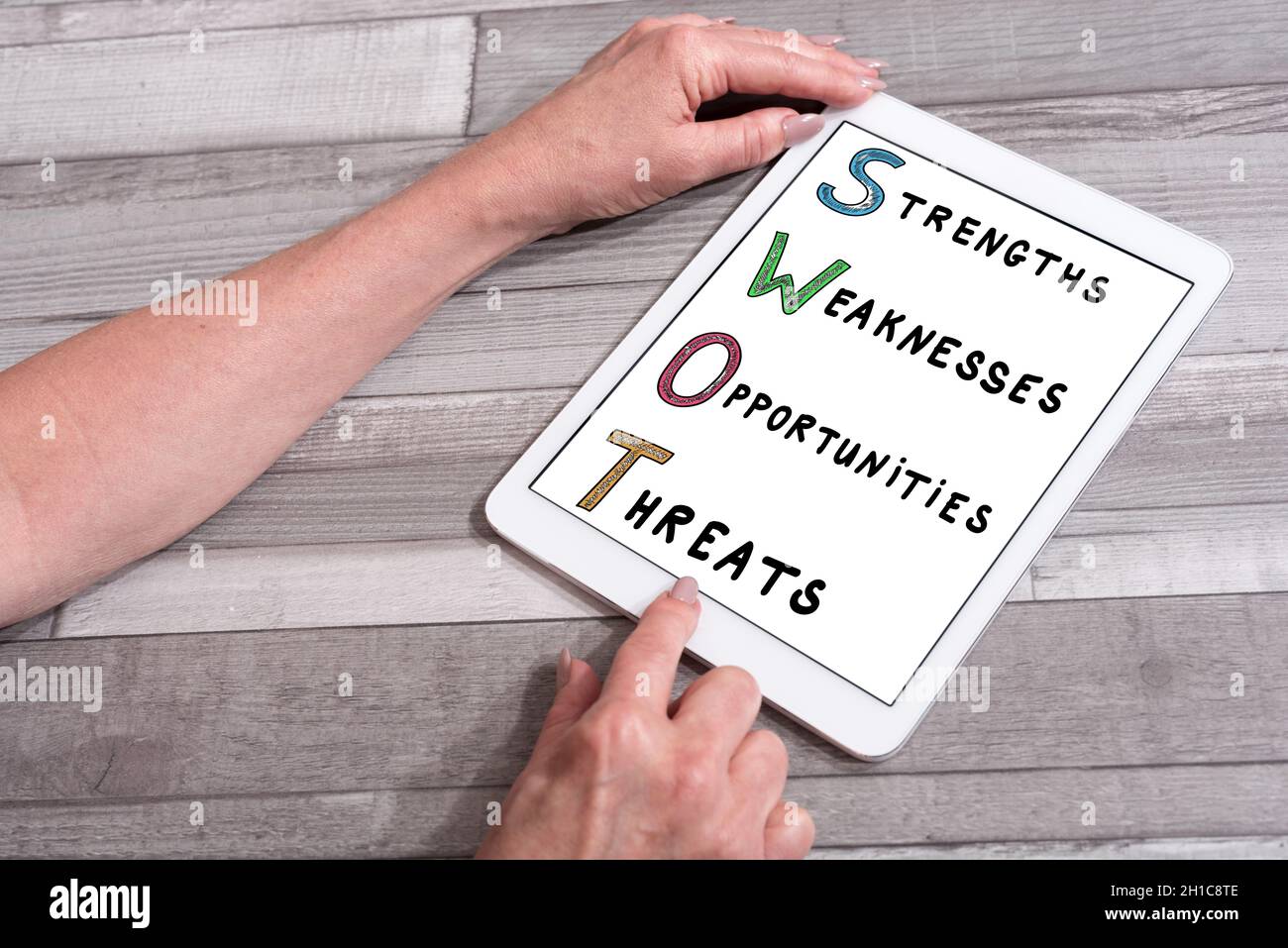 Swot concept shown on a tablet used by a woman Stock Photo - Alamy