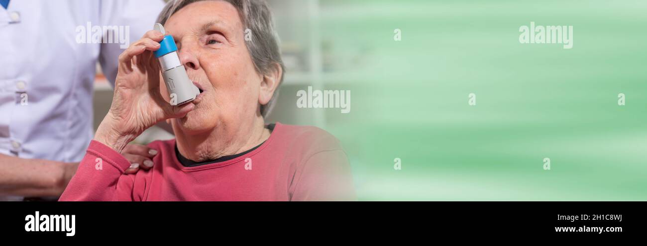 Senior woman using an asthma inhaler Stock Photo - Alamy