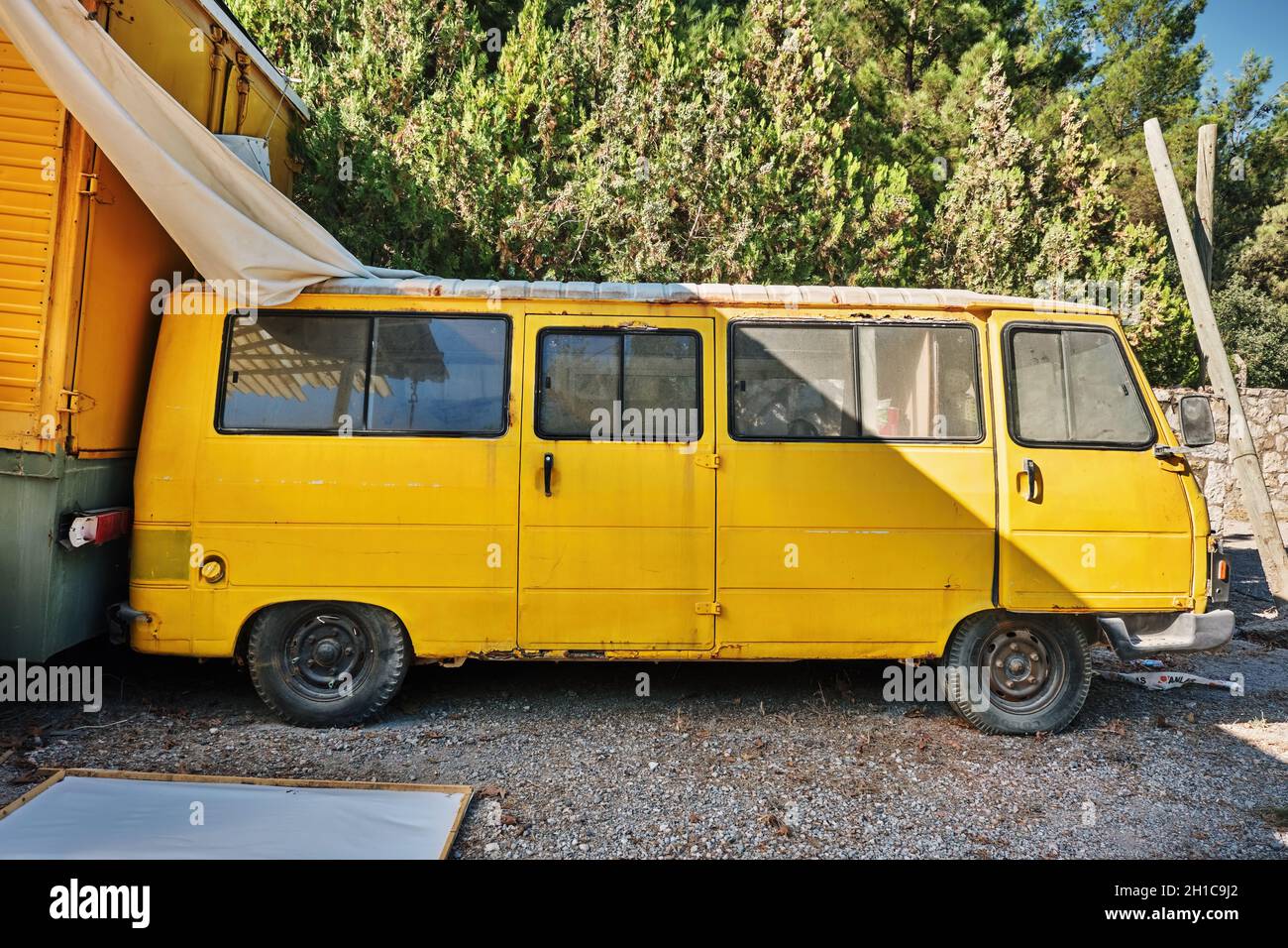 Urla, Turkey - September, 2021: Vintage yellow retro minibus car van ...