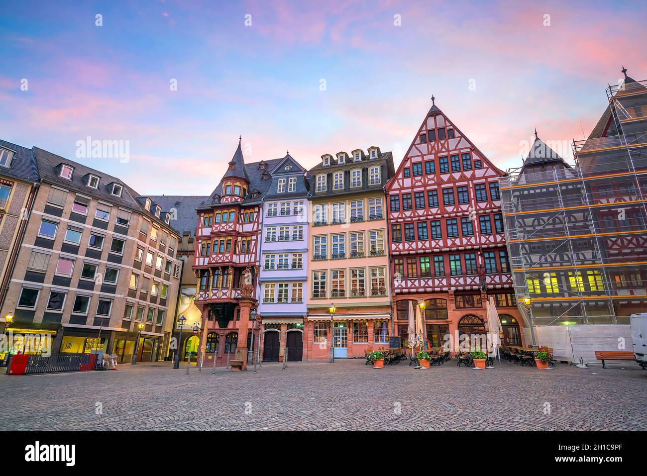 Old town square romerberg in downtown Frankfurt, Germany at sunrise ...