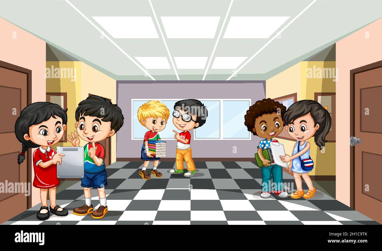 School scene with students cartoon character illustration Stock Vector ...