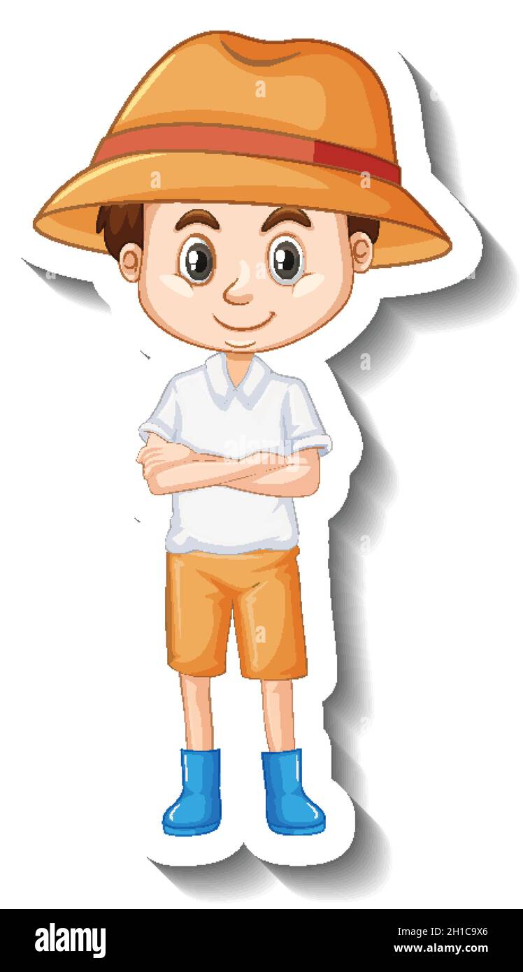 A boy wears hat and boots cartoon character sticker illustration Stock ...