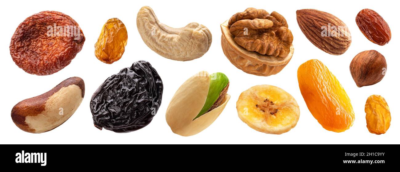 Set of nuts and dried fruits isolated on white background Stock Photo ...