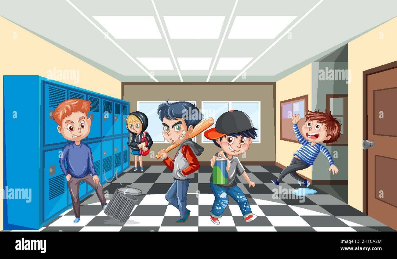 School scene with students cartoon character illustration Stock Vector ...
