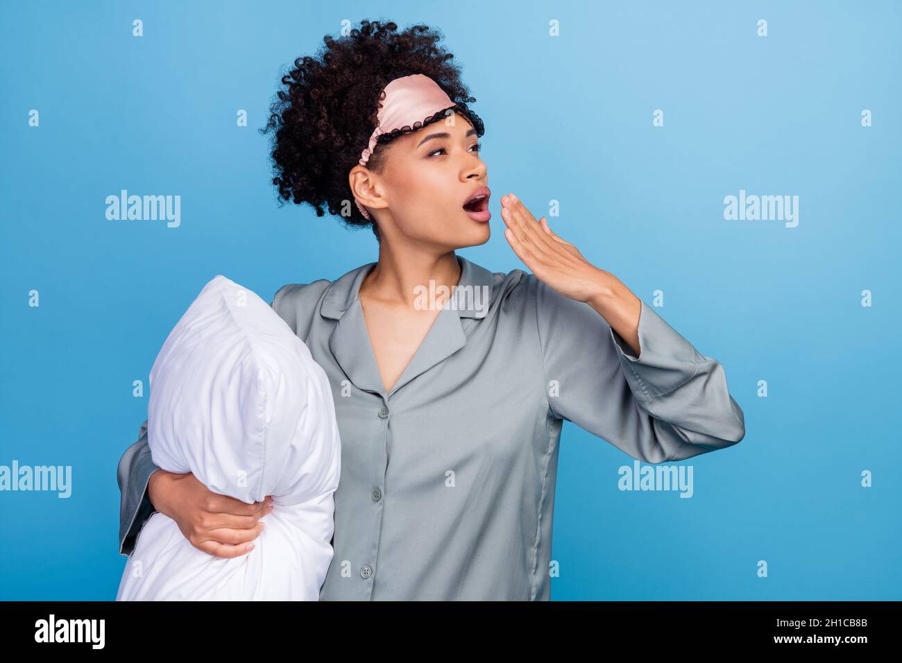 Profile side photo of young african lady yawning hand near mouth look ...