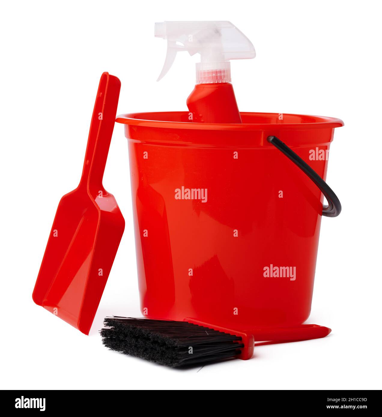 Red bucket with cleaning supplies isolated on white background Stock ...
