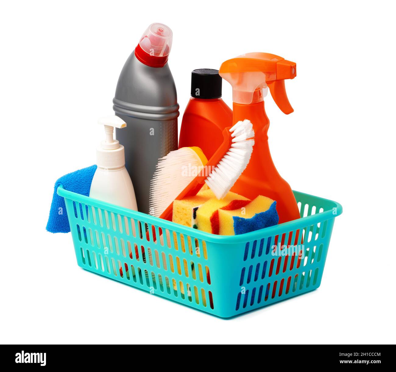 Cleaning items in basket isolated on white background Stock Photo - Alamy