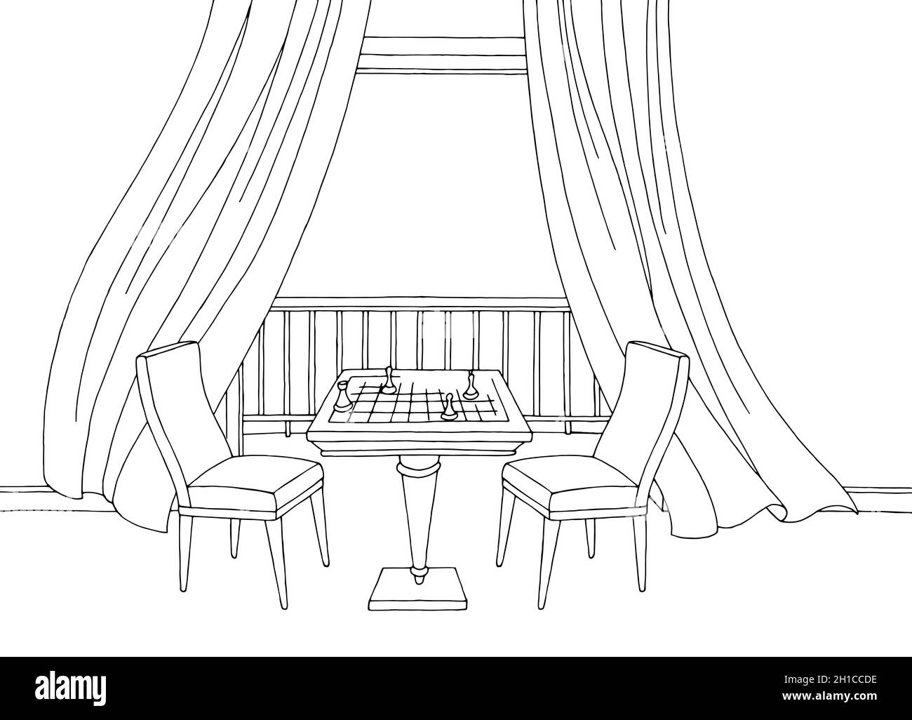 Living room balcony graphic black white home interior sketch ...