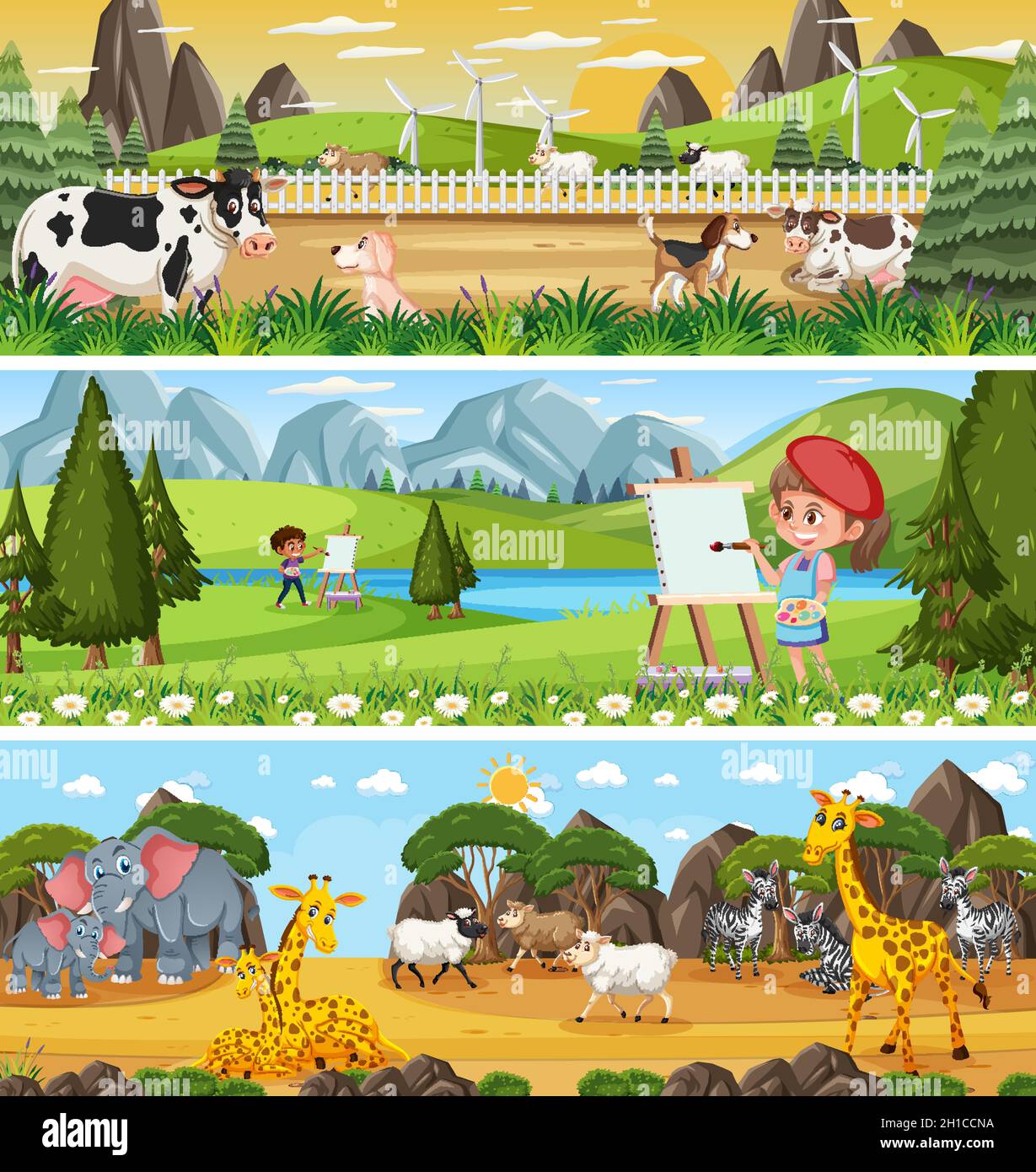 Set of different panoramic nature landscape with cartoon character ...