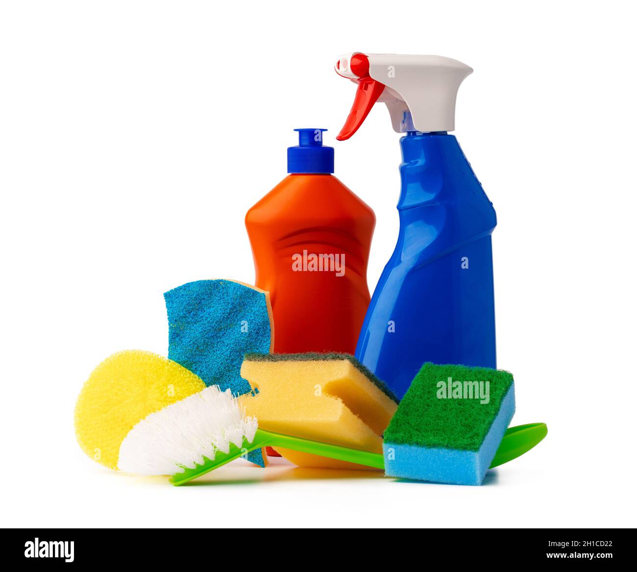 Sanitary household cleaning items isolated on white background Stock ...