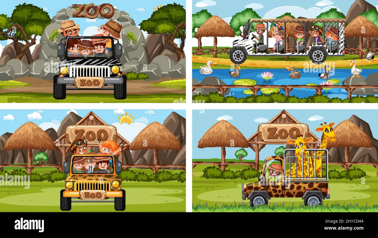 Four different zoo scenes with kids and animals illustration Stock ...