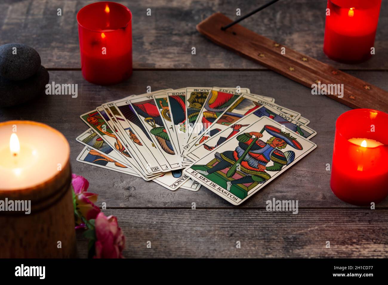 Tarot cards on rustic table Stock Photo - Alamy