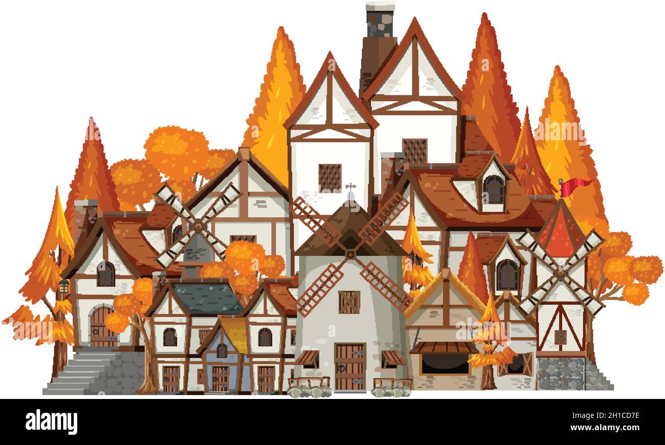 Medieval village scene on white background illustration Stock Vector ...
