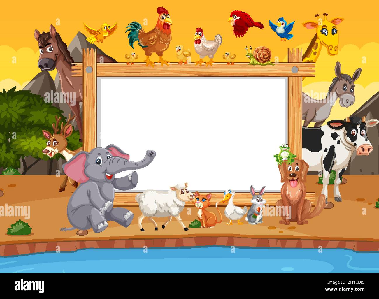 Empty wooden frame with various wild animals in the forest illustration ...