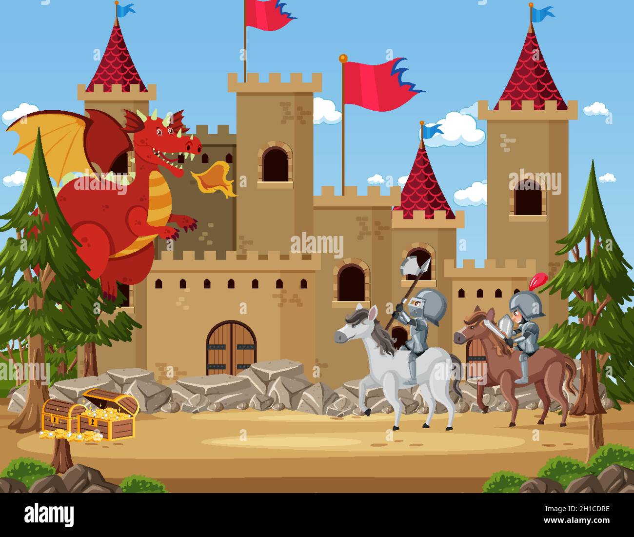 Knights fight with dragon at the castle illustration Stock Vector Image ...