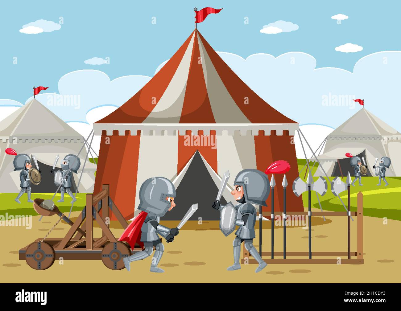 Military medieval camp with tents and weapons illustration Stock Vector ...