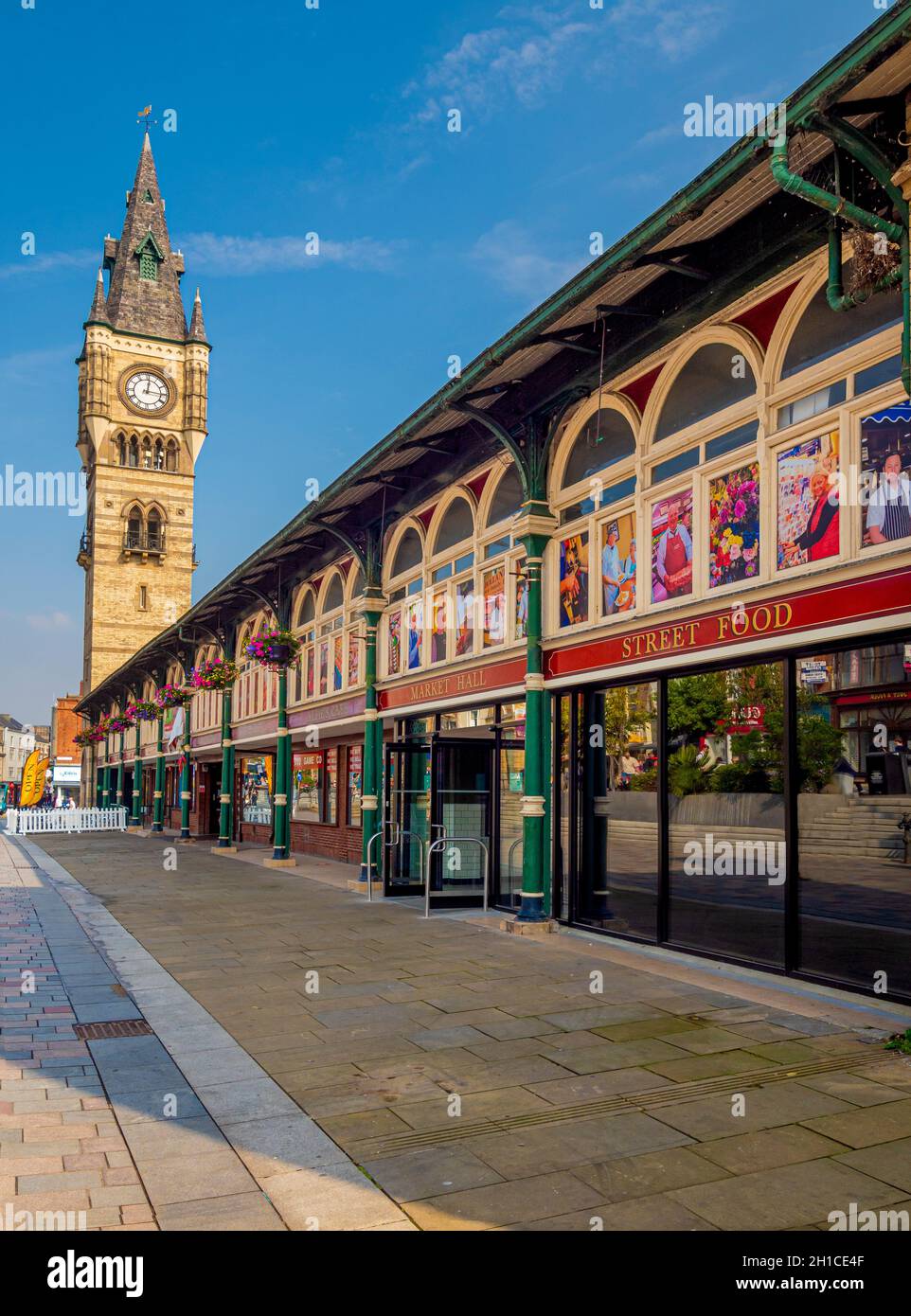 Darlington town clock and market hall seen from West Row, in summer ...