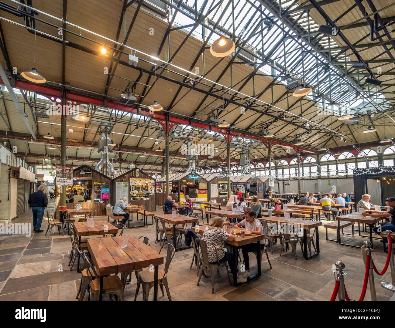 Food stalls and dining area of Darlington indoor market. County Durham ...