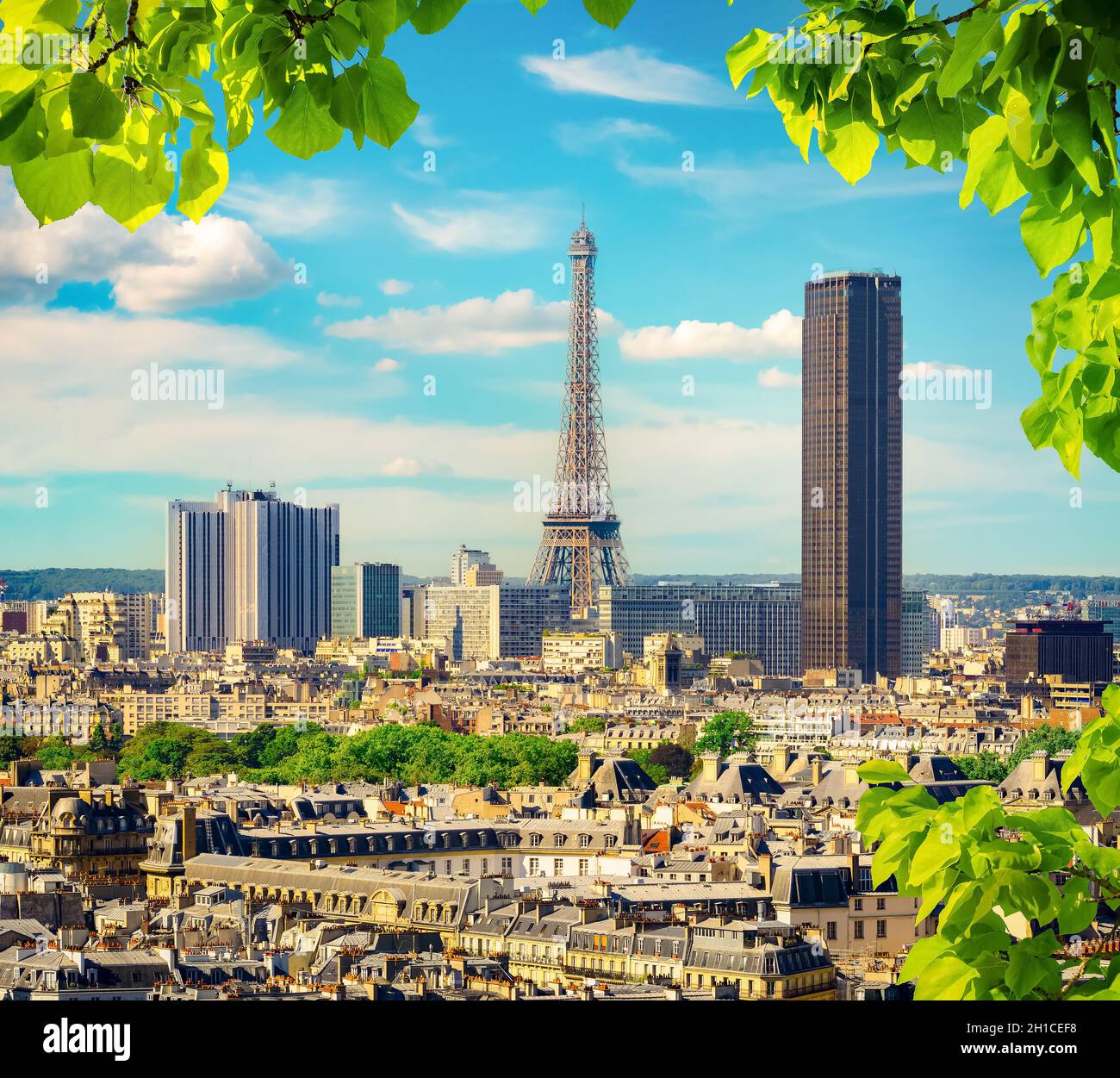 Aerial view of the Eiffel Tower and Montparnasse skyscraper in Paris ...