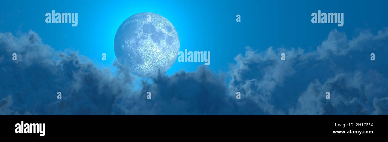 backdrop - panorama of huge clouds and moon - cgi nature 3D rendering ...