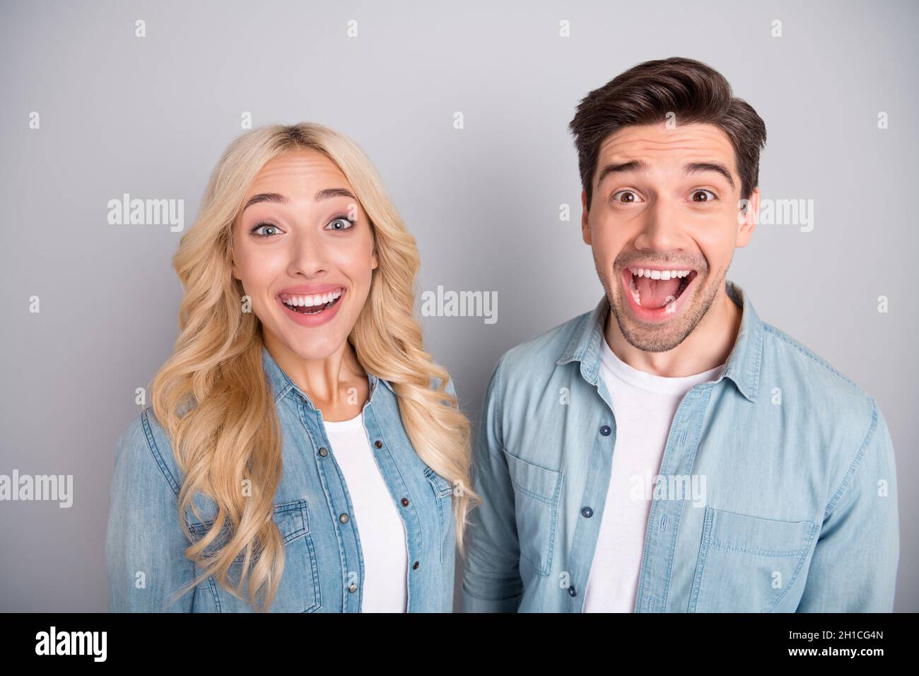 Photo of young cheerful couple happy positive smile excited wow glad ...