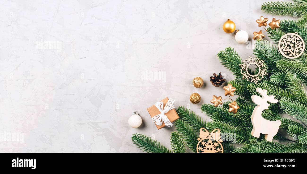 Christmas composition of fir tree branches and decorations Stock Photo ...
