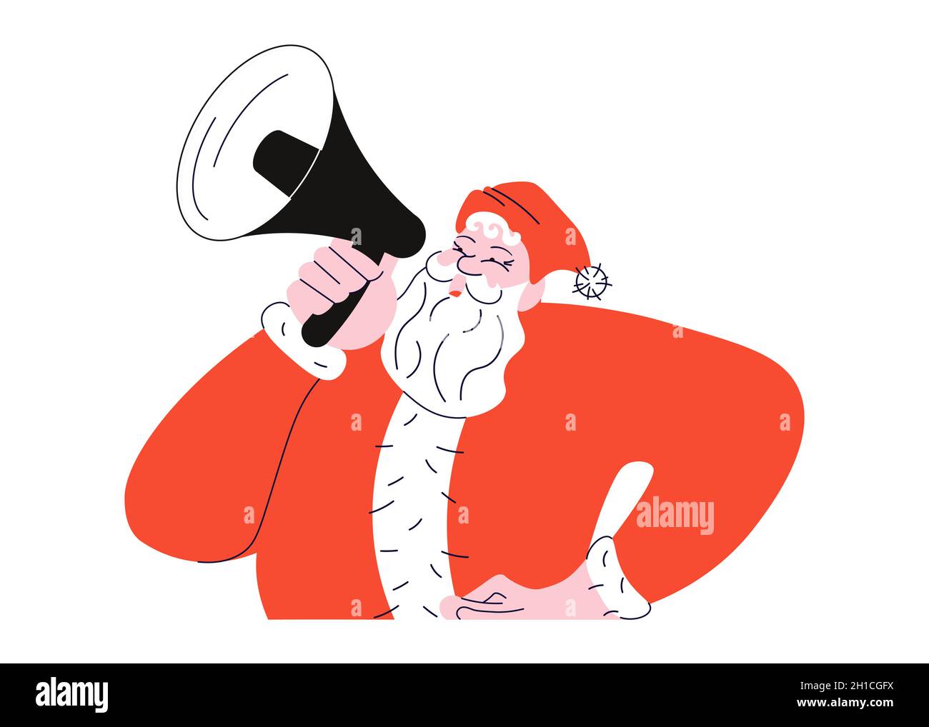 Santa Claus makes an announcement in a megaphone. Christmas winter ...