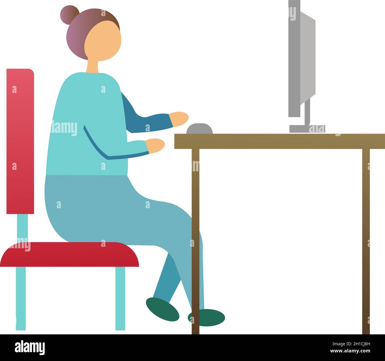 Vector woman work on computer in office icon isolated on white ...