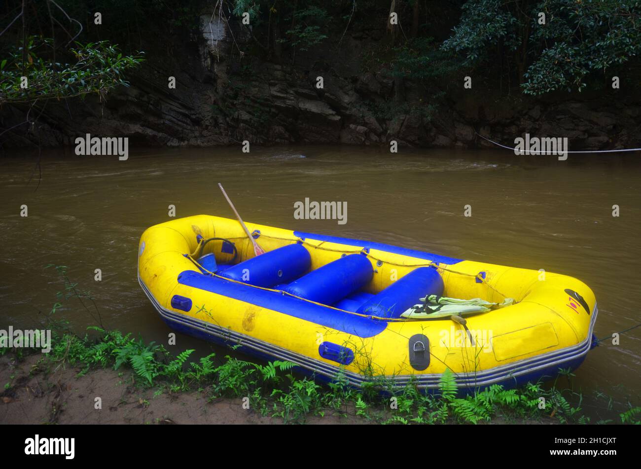 White water rafting rubber boat with movement water fast in Khor Thor ...