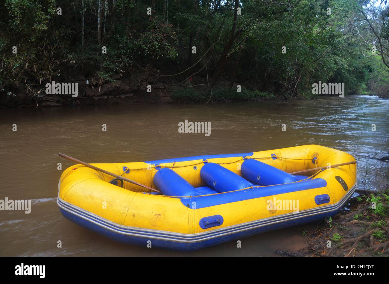 White water rafting rubber boat with movement water fast in Khor Thor ...