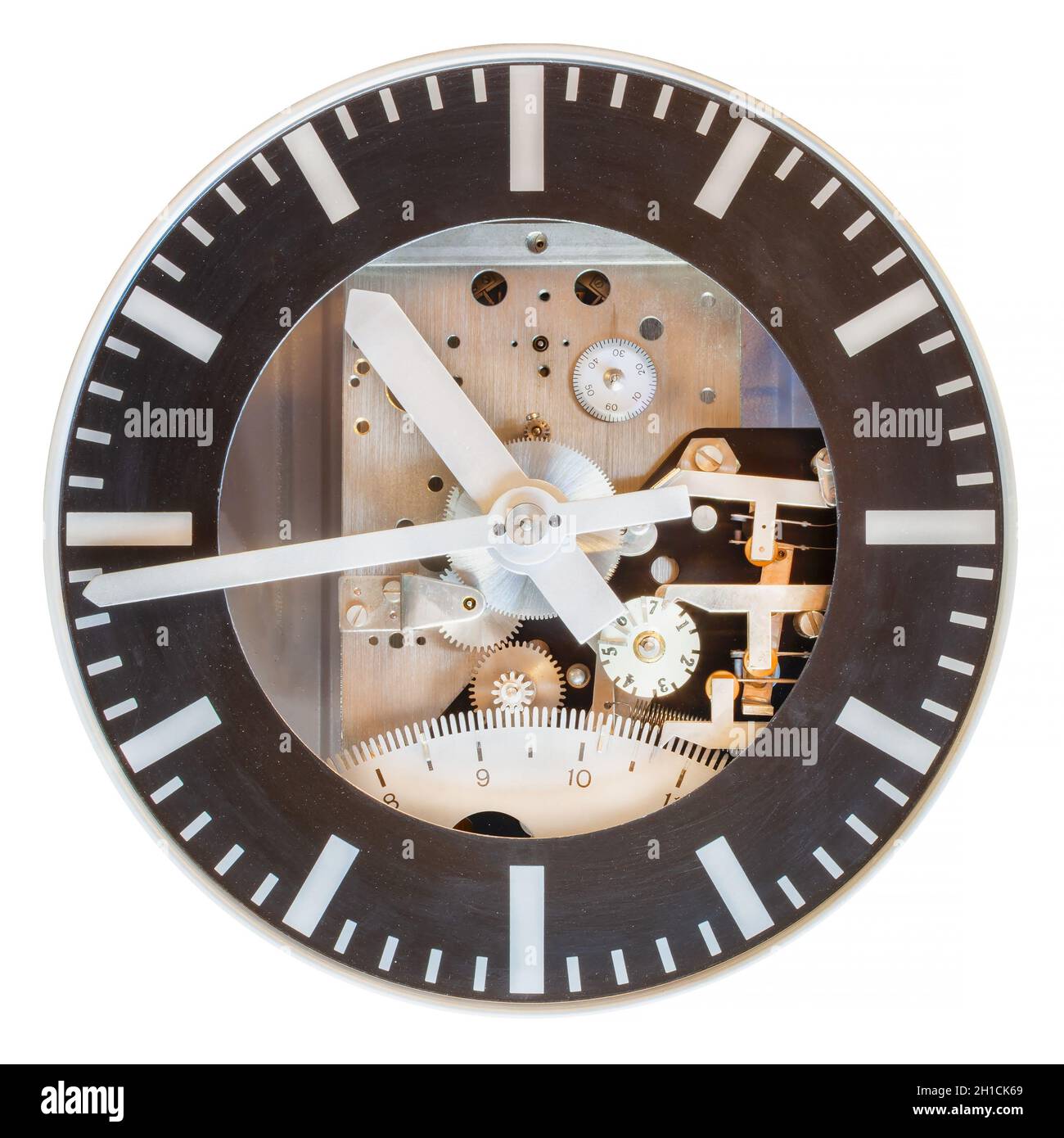 Retro twentieth century clock face with visible innerworks isolated on ...