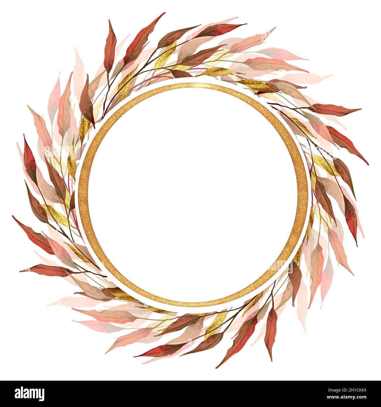 Red and gold leaves frame. Wreath isolated on white. Floral ...