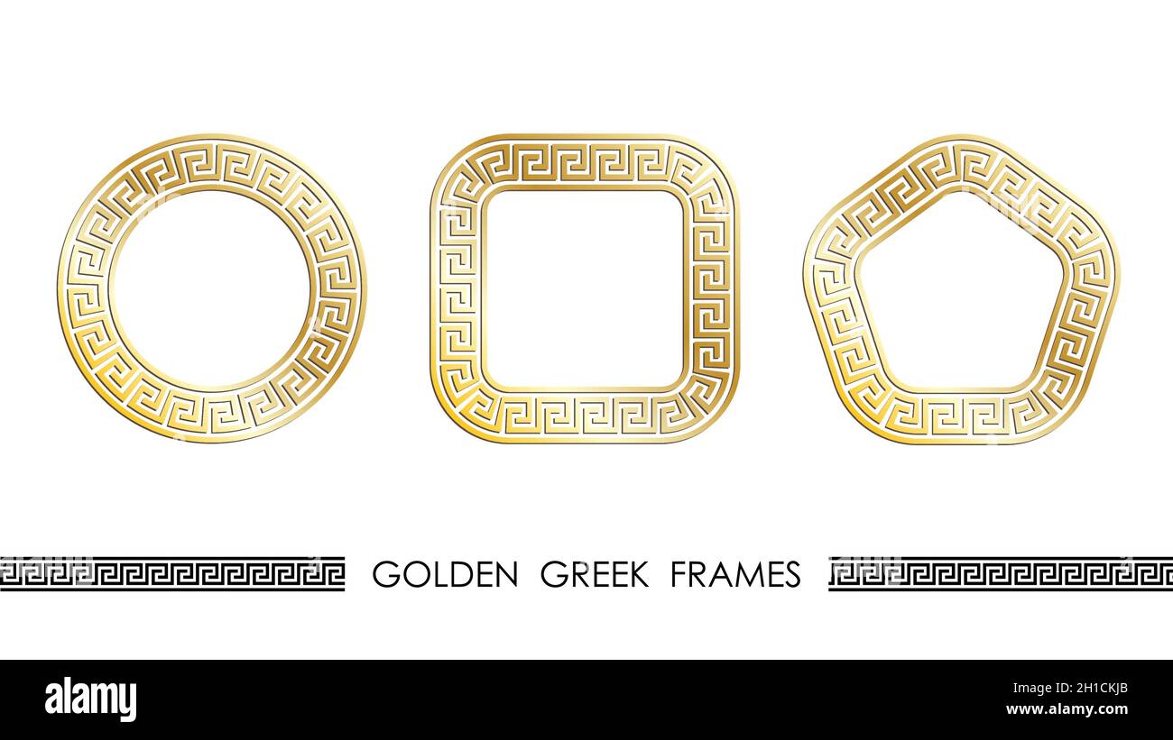Set of golden Greek round and square frames for decorative headers ...