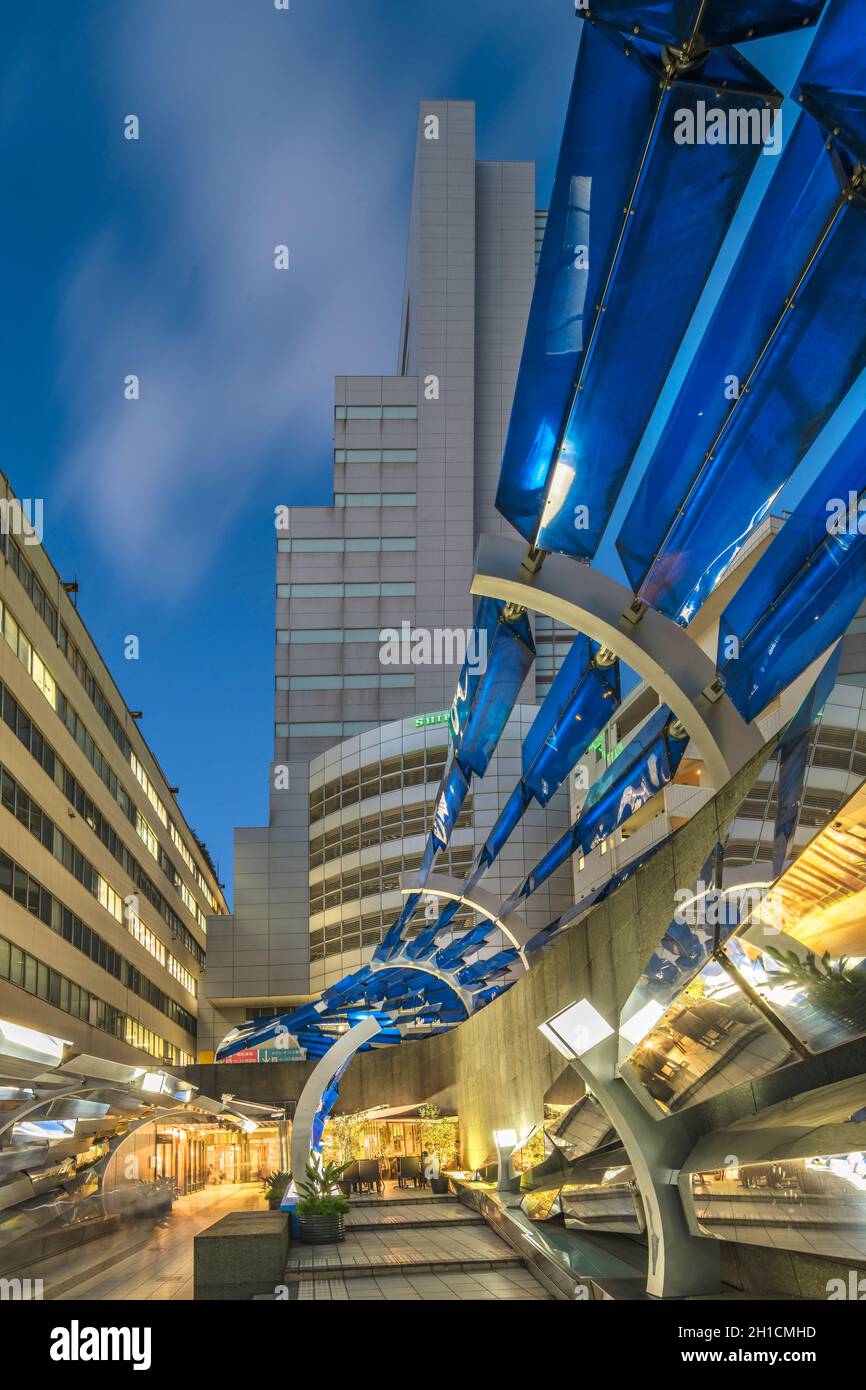 Futuristic architecture with mirroring and transparent blue plastic ...