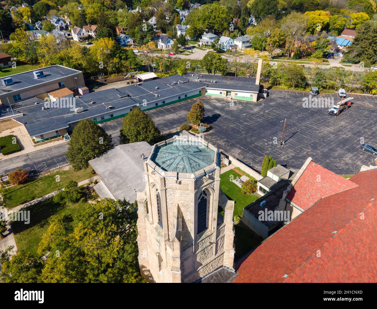 Aerial photograph of St. Bernard's Catholic Church, along Atwood Avenue ...