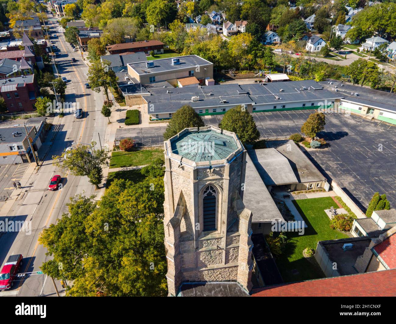 Aerial photograph of St. Bernard's Catholic Church, along Atwood Avenue ...