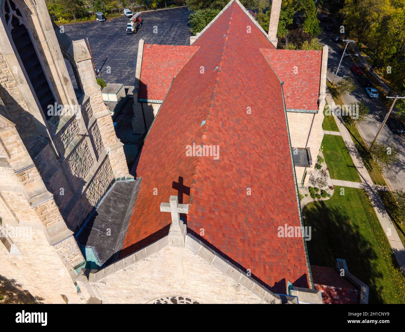 Aerial photograph of St. Bernard's Catholic Church, along Atwood Avenue ...