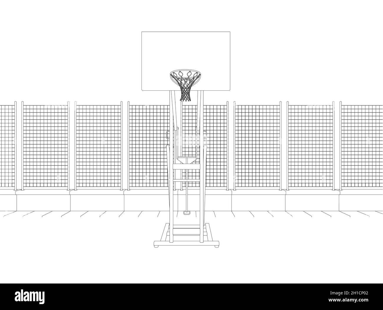 The contour of a basketball hoop on the field, fenced with a net of ...