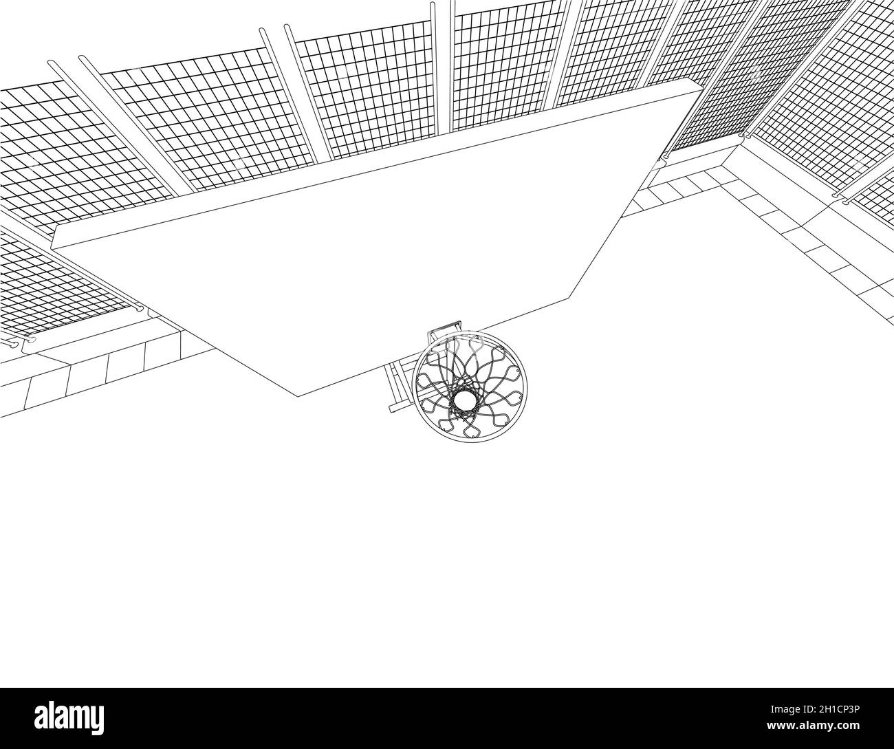 The contour of a basketball hoop on the field, fenced with a net of ...