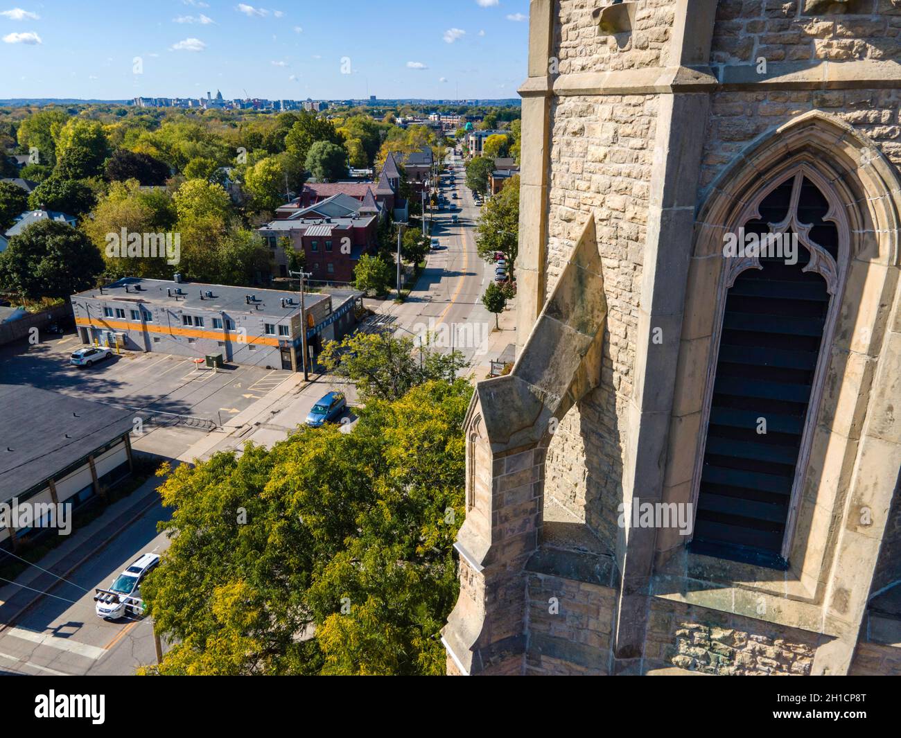 Aerial photograph of St. Bernard's Catholic Church, along Atwood Avenue ...