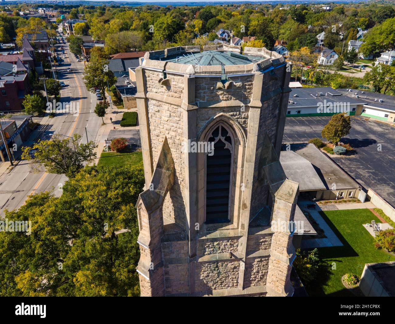 Aerial photograph of St. Bernard's Catholic Church, along Atwood Avenue ...