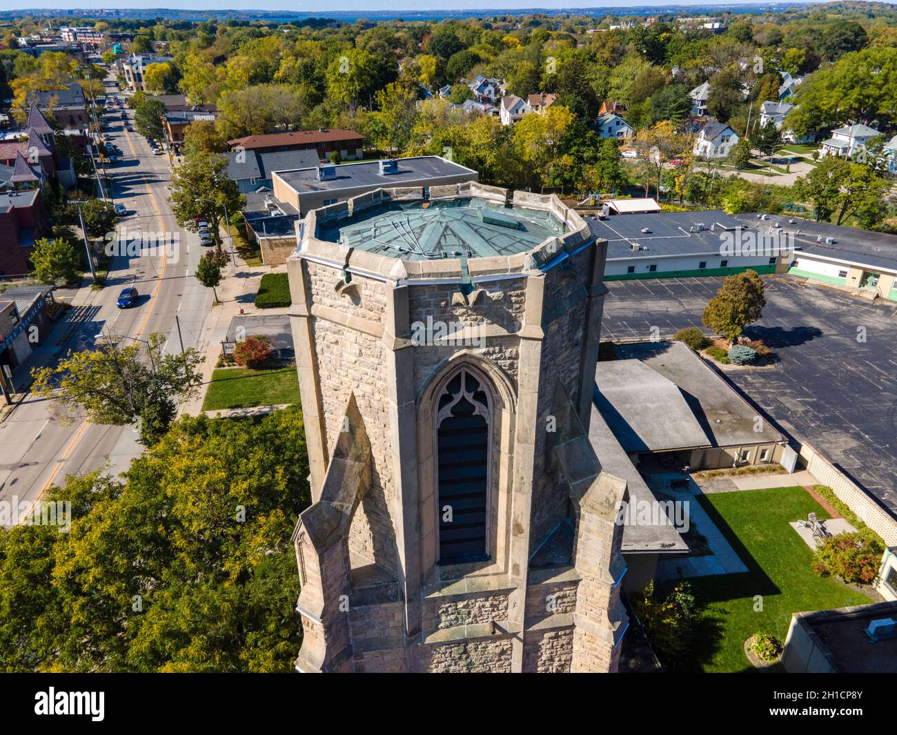 Aerial photograph of St. Bernard's Catholic Church, along Atwood Avenue ...