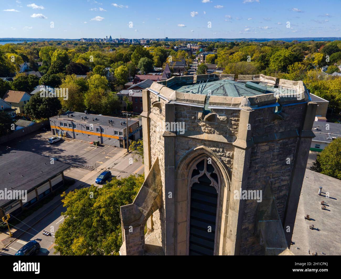 Aerial photograph of St. Bernard's Catholic Church, along Atwood Avenue ...