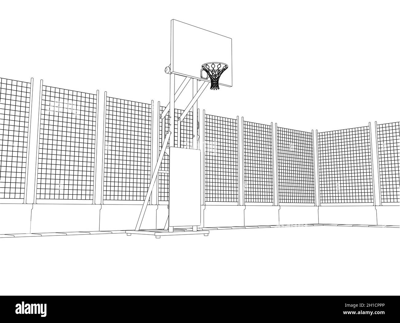 The contour of a basketball hoop on the field, fenced with a net of ...