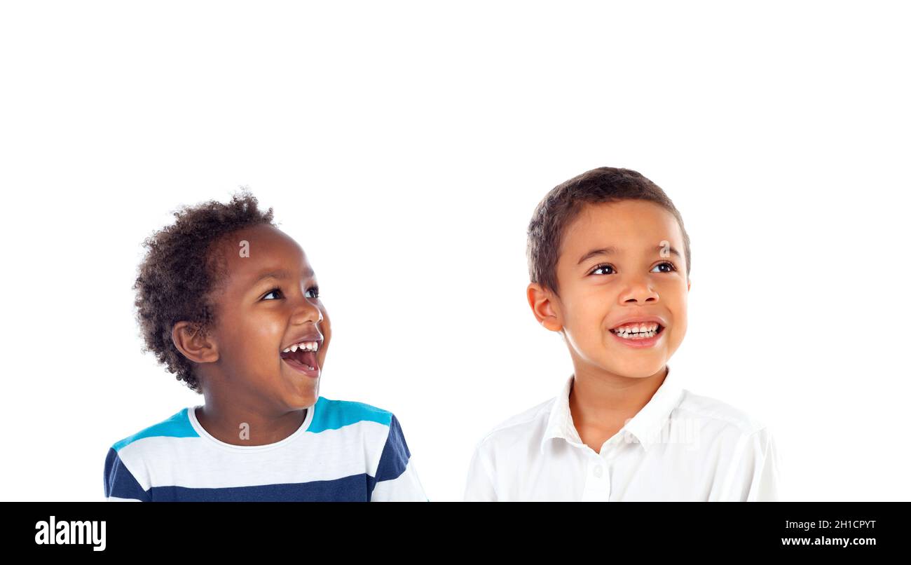 Two children looking up isolated on a white background Stock Photo - Alamy
