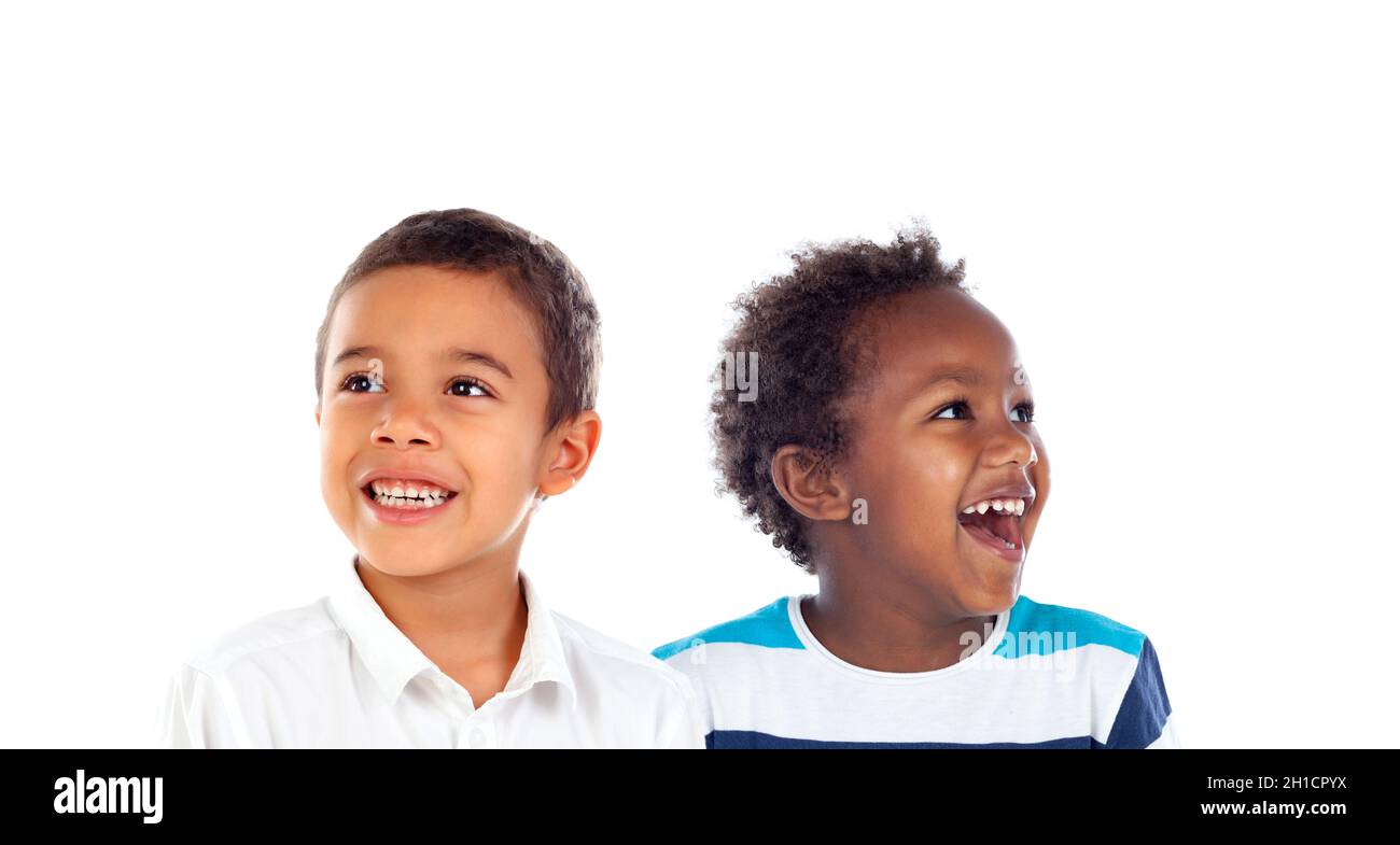 Two children looking up isolated on a white background Stock Photo - Alamy